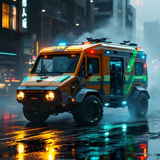 armored cyberpunk prison transport truck, reinforced...