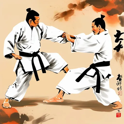 two karate masters bowing, representing respect and...