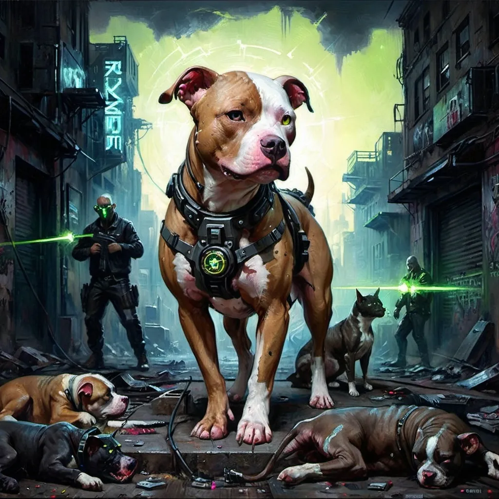 Cyber punk a female cyborg pit bull, (she is fawn an...