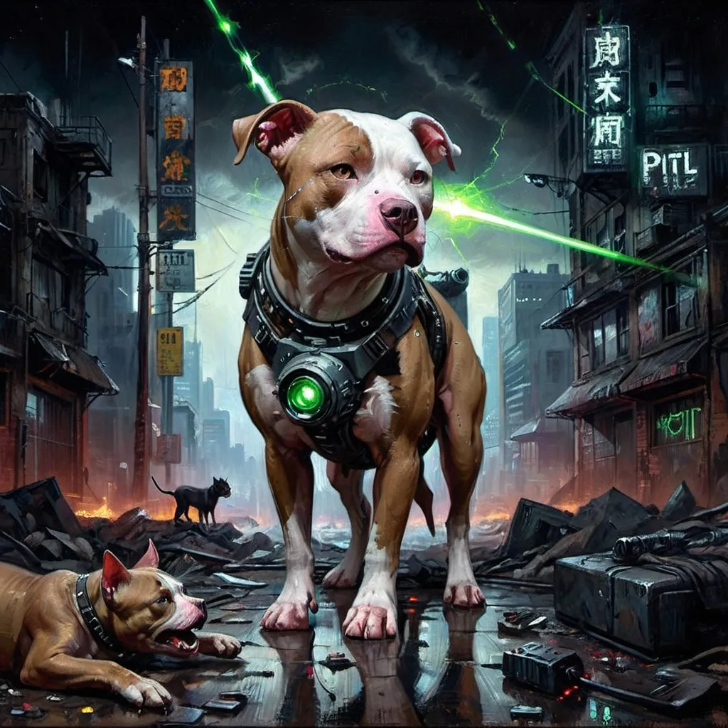 Cyber punk a female cyborg pit bull, (she is fawn an...