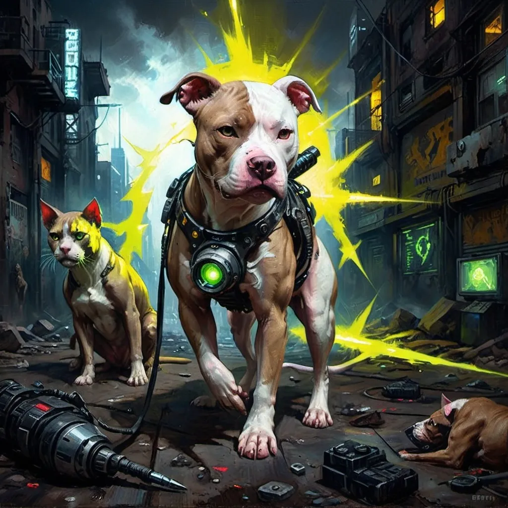 Cyber punk a female cyborg pit bull, (she is fawn an...