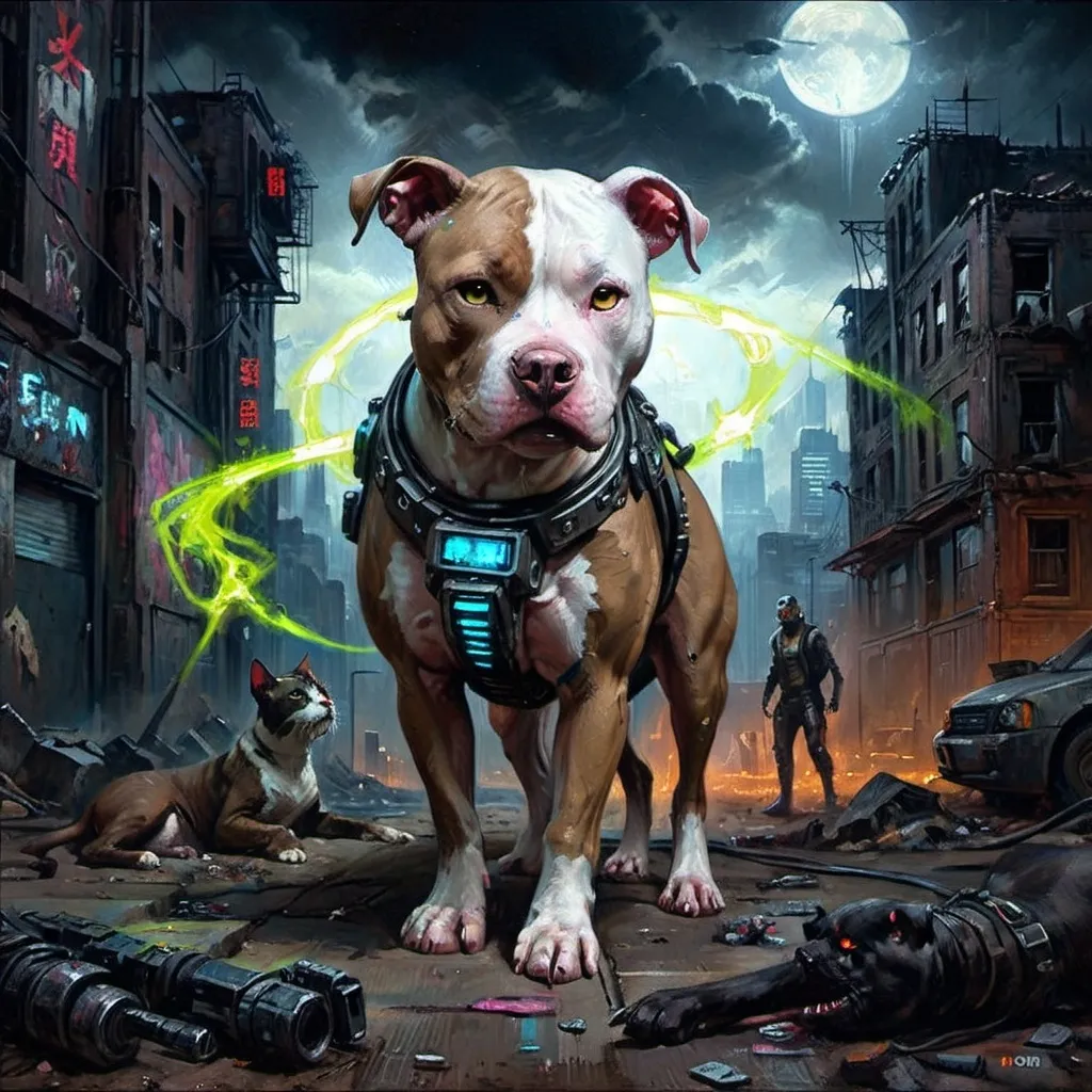 Cyber punk a female cyborg pit bull, (she is fawn an...