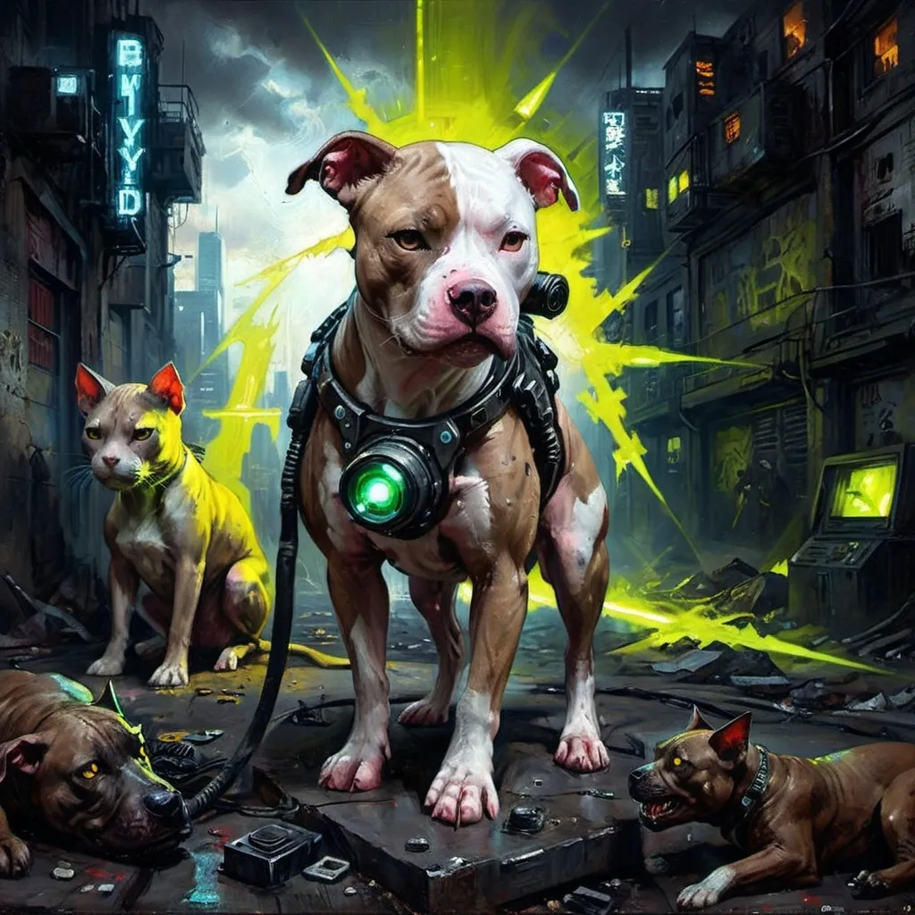 Cyber punk a female cyborg pit bull, (she is fawn an...
