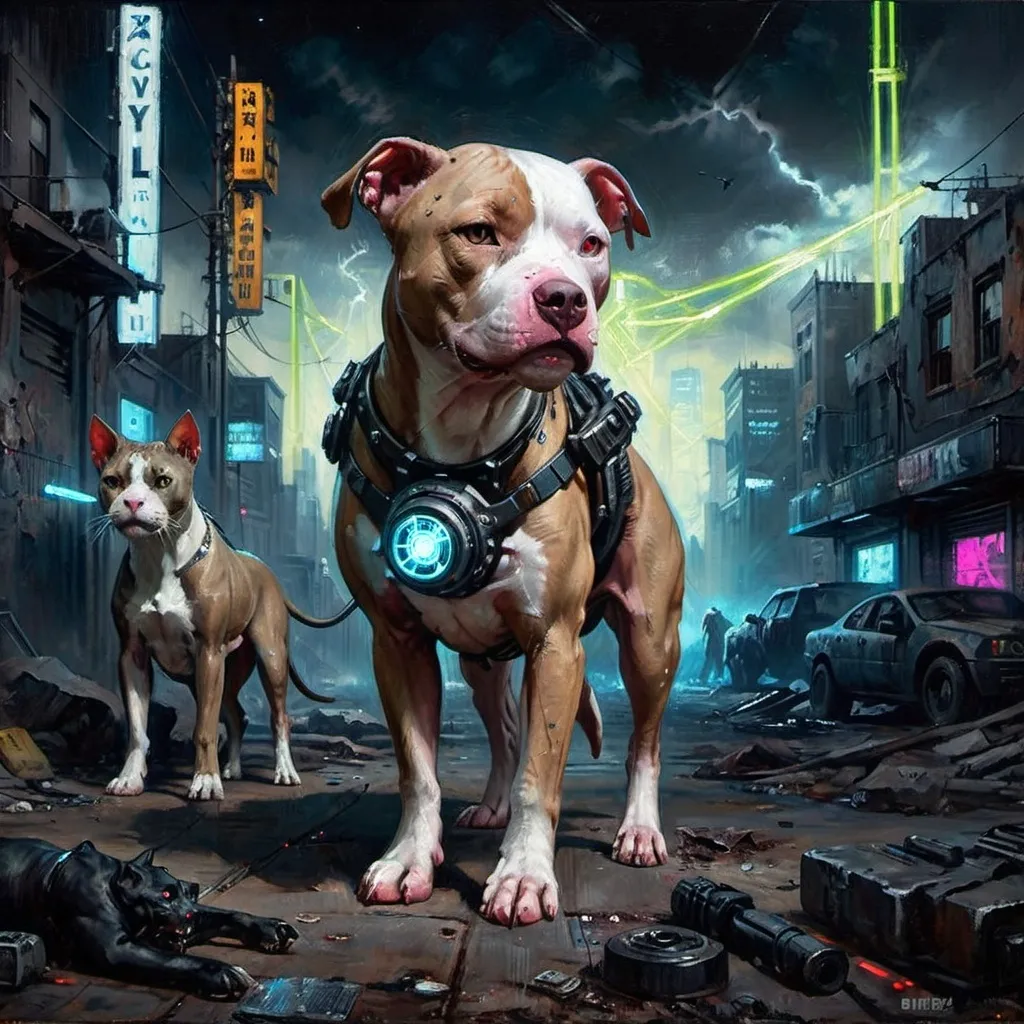 Cyber punk a female cyborg pit bull, (she is fawn an...