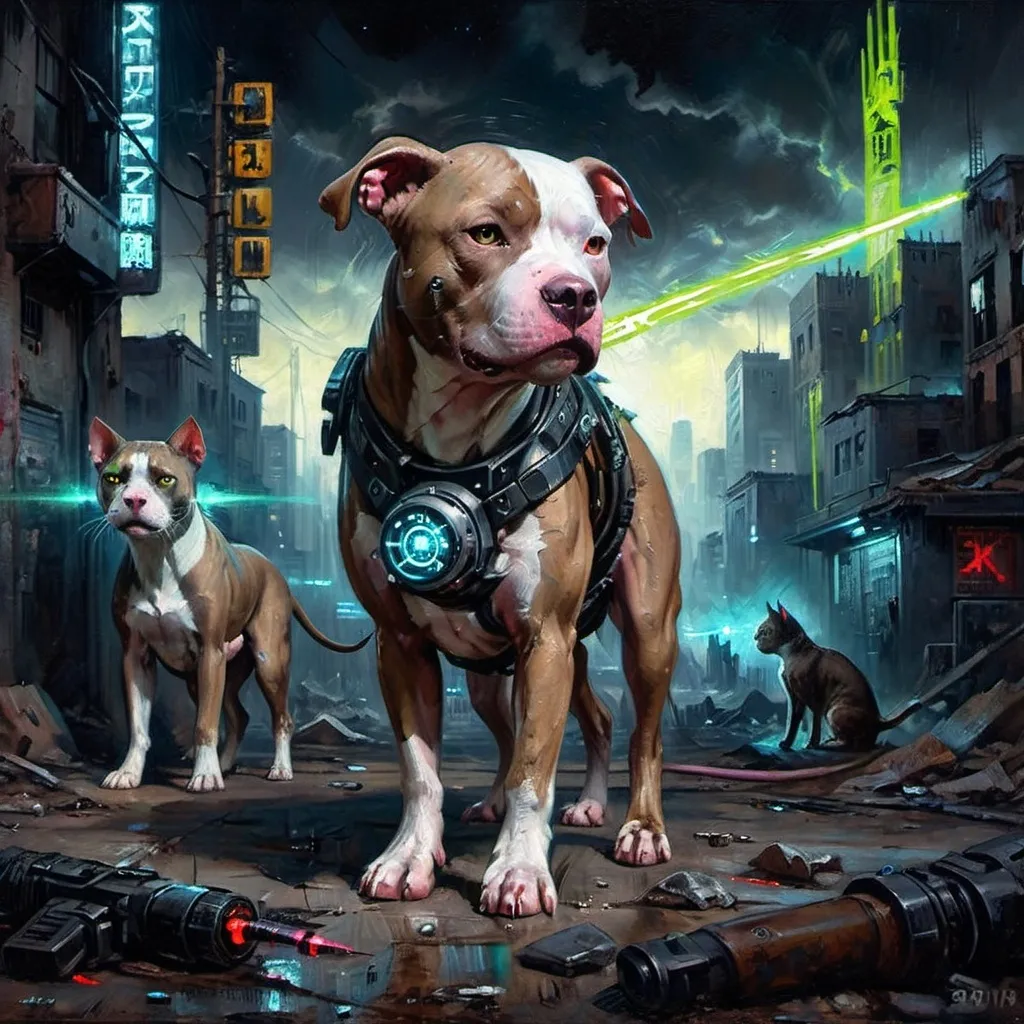 Cyber punk a female cyborg pit bull, (she is fawn an...