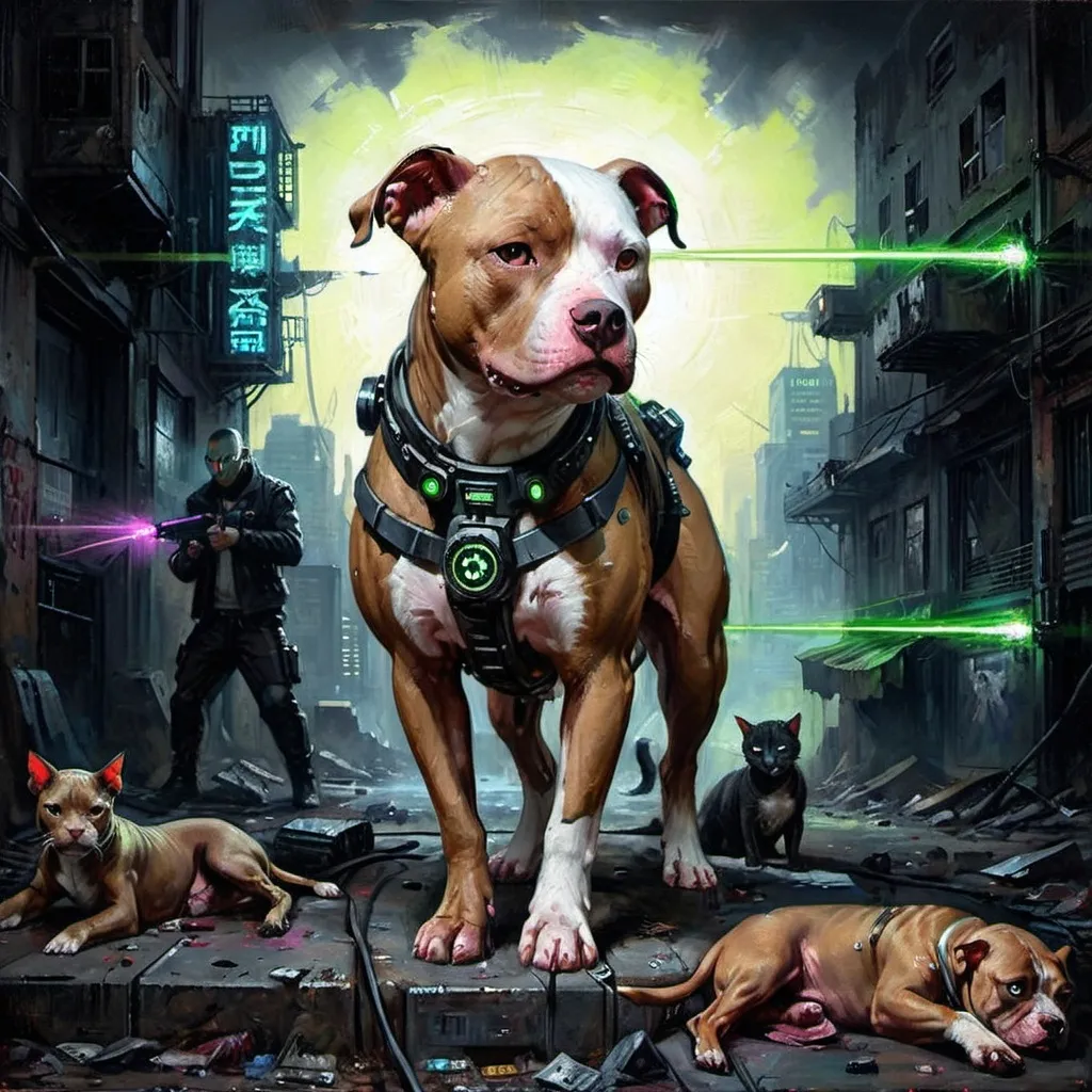 Cyber punk a female cyborg pit bull, (she is fawn an...