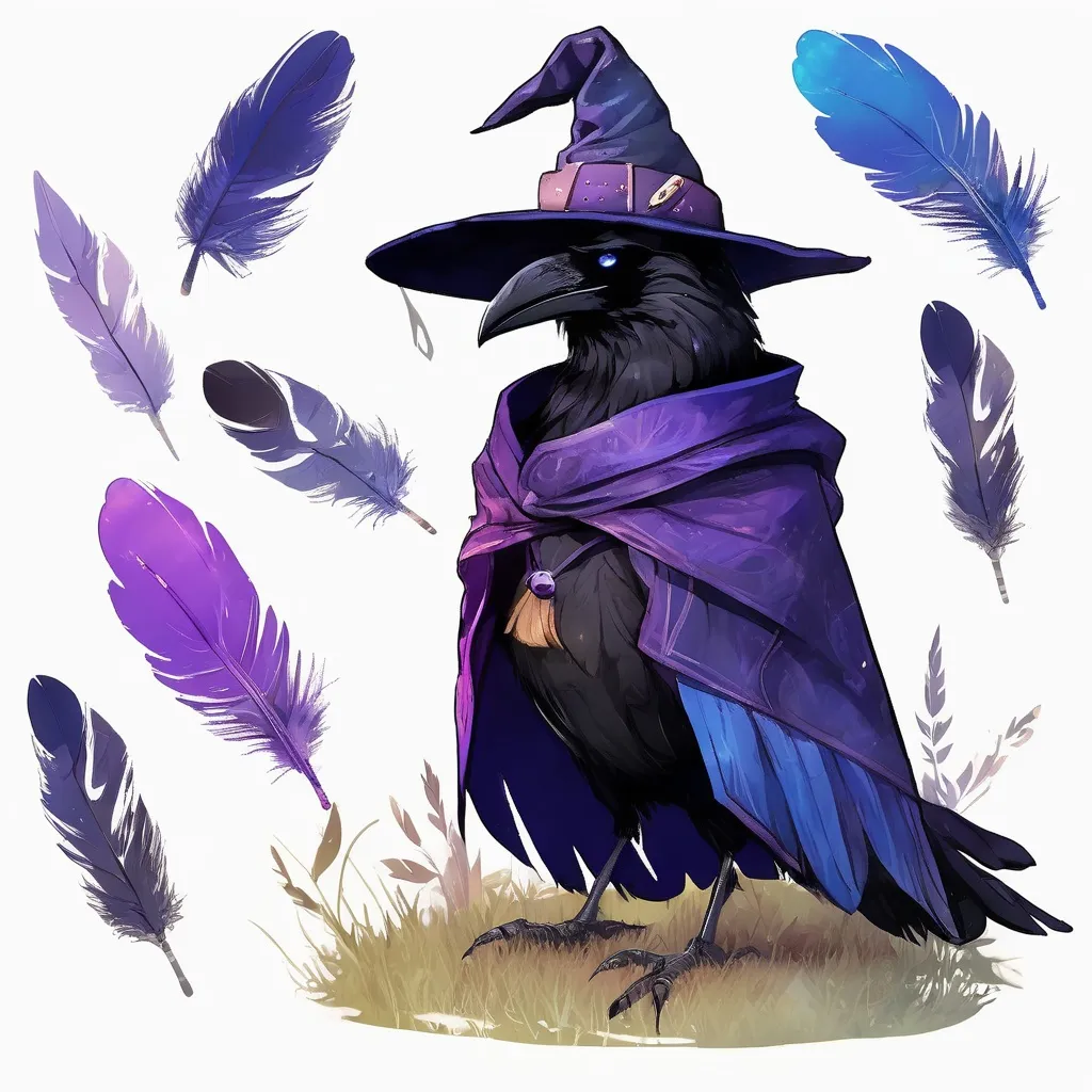 cute humanoid crow sitting in a field; feathers are...