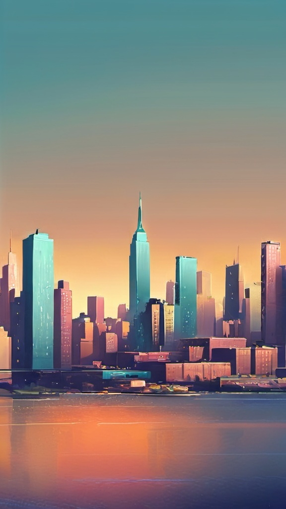 A digital painting of a city skyline with flat base...