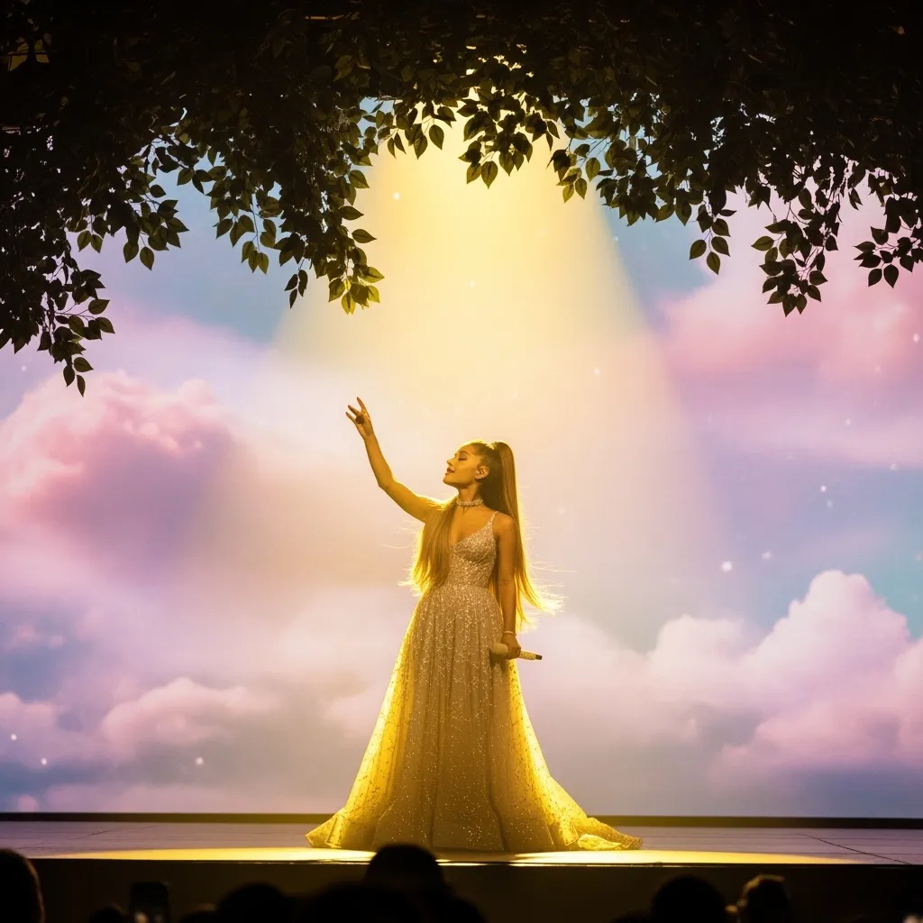 Visualize Ariana Grande standing on a grandiose stag...