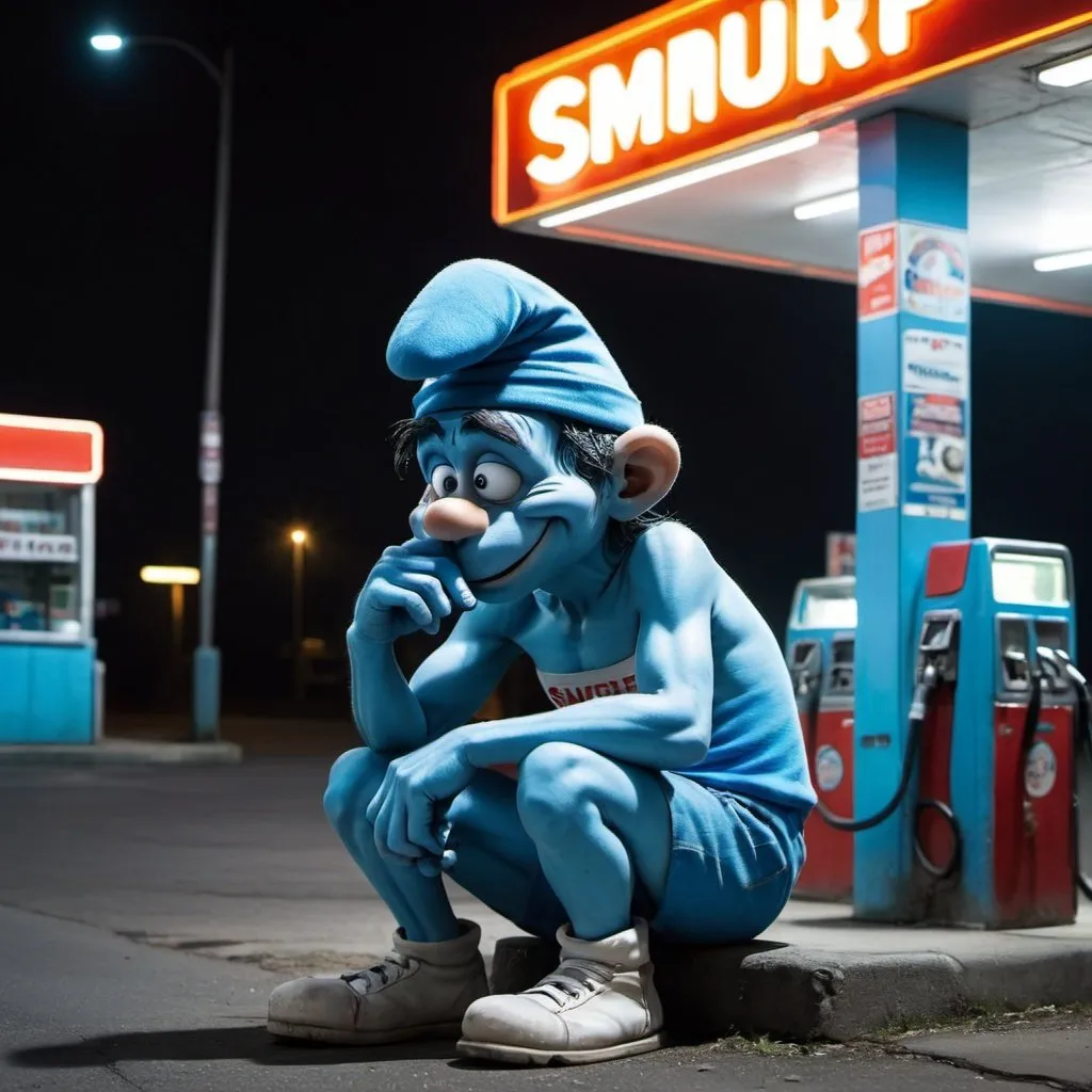 A depressed, tired, and full-grown smurf person is l...