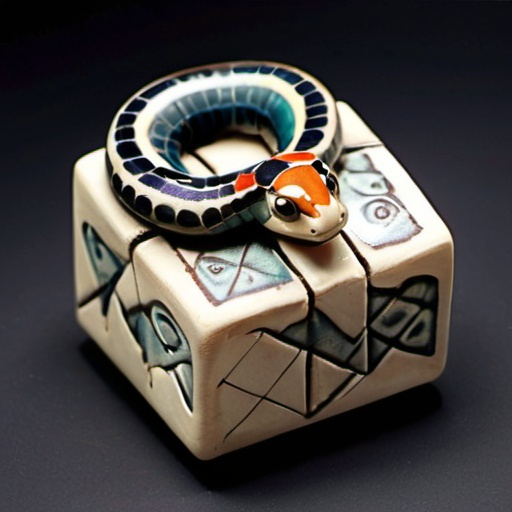 A ceramic snake, on a flat amulet ceramic piece, the...