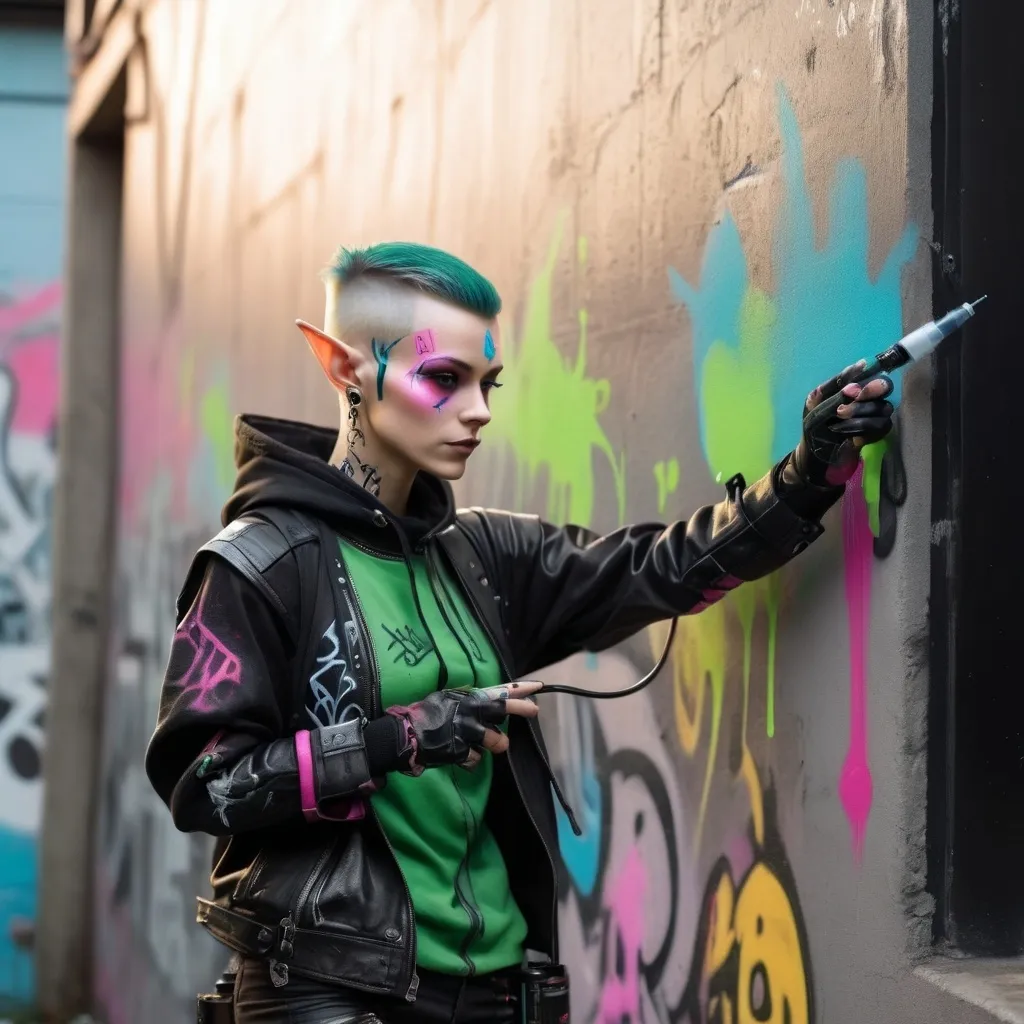 A cyberpunk punk elf spray painting graffiti on a wall