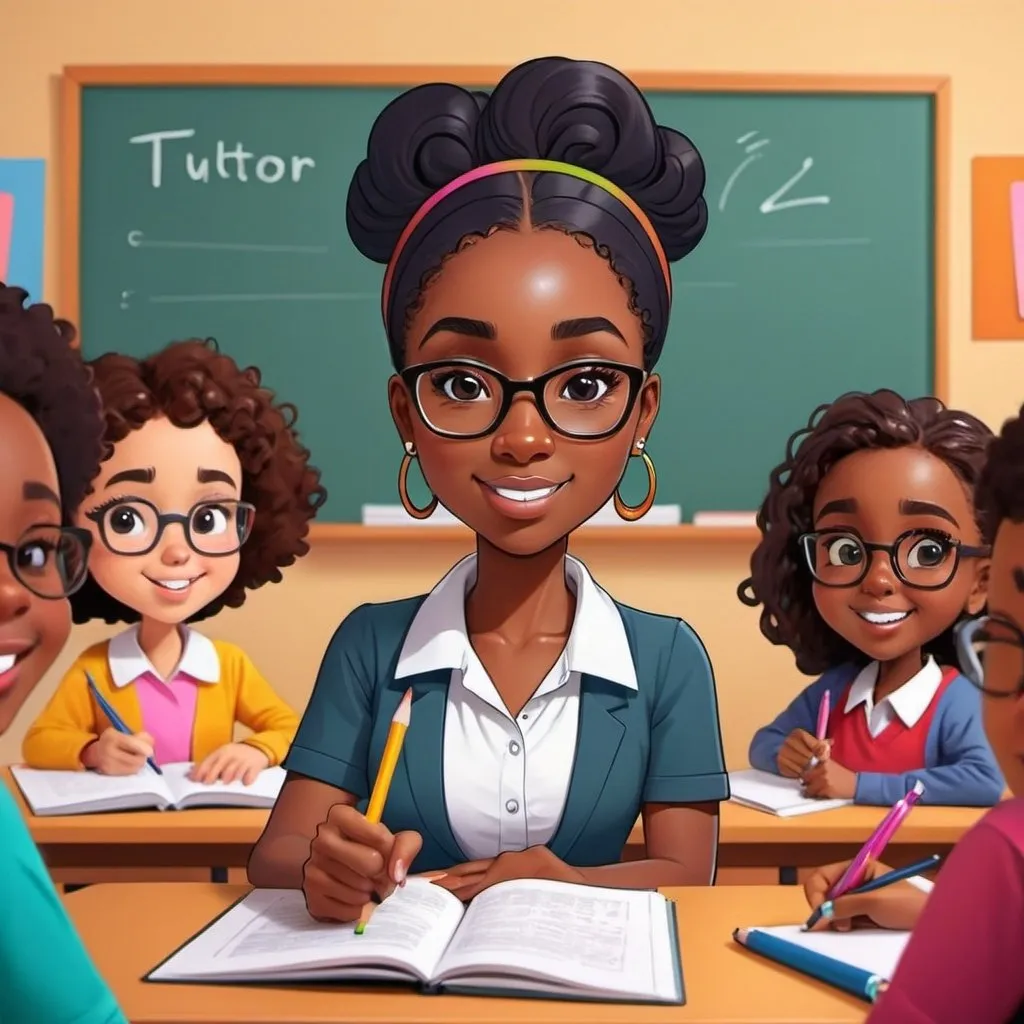 cartoon young black female tutor teaching students w...