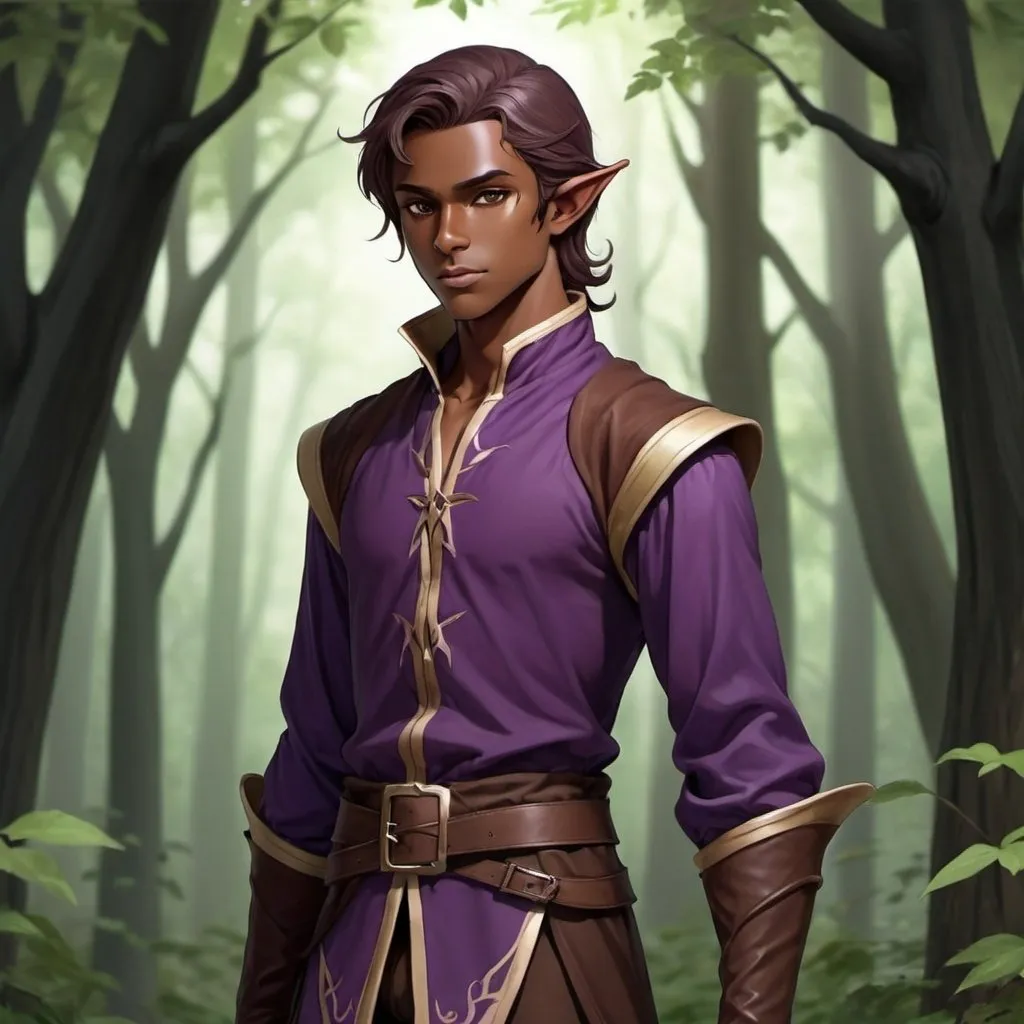 Male elf, very tan light darkskinned wood elf, purpl...