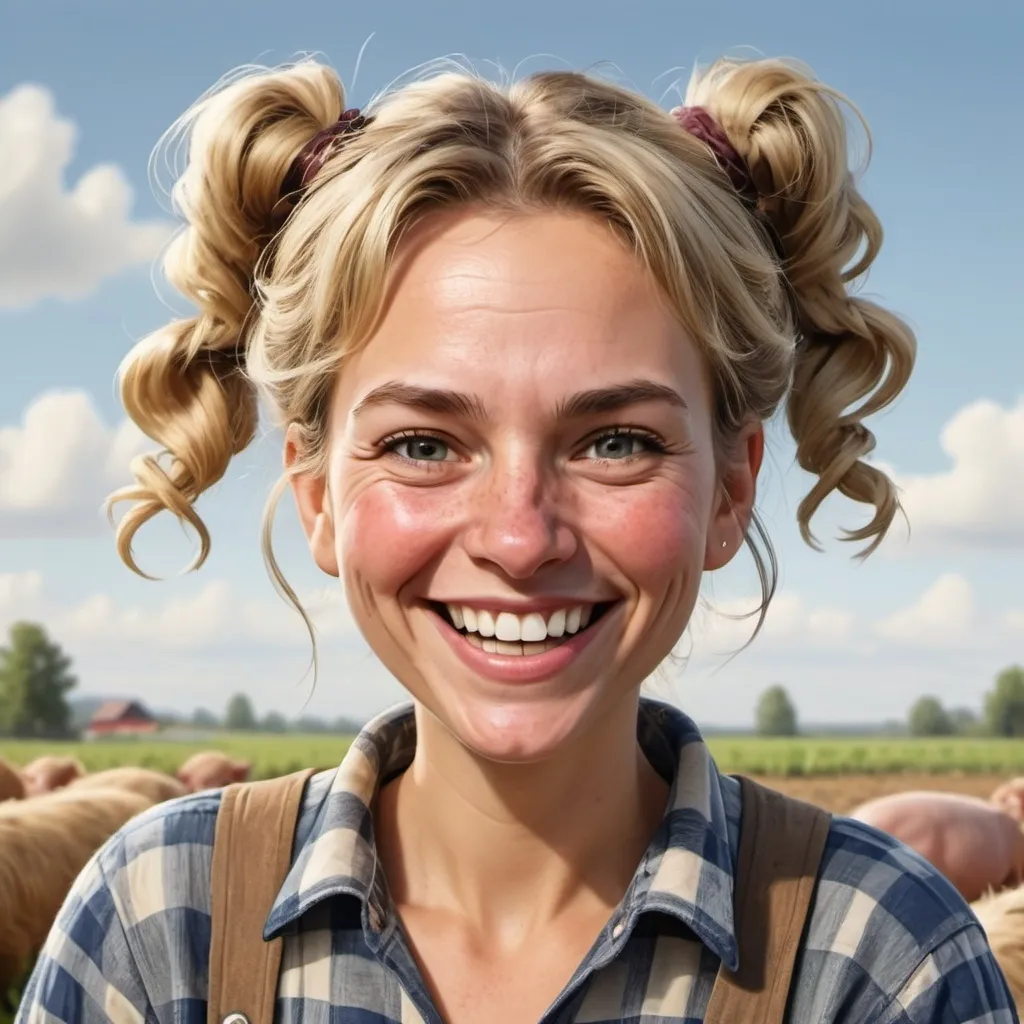 cartoon image of country Caucasian female farmer tha...