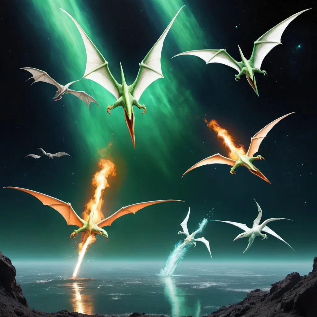 fire, green, water, and white pterodactyls in space