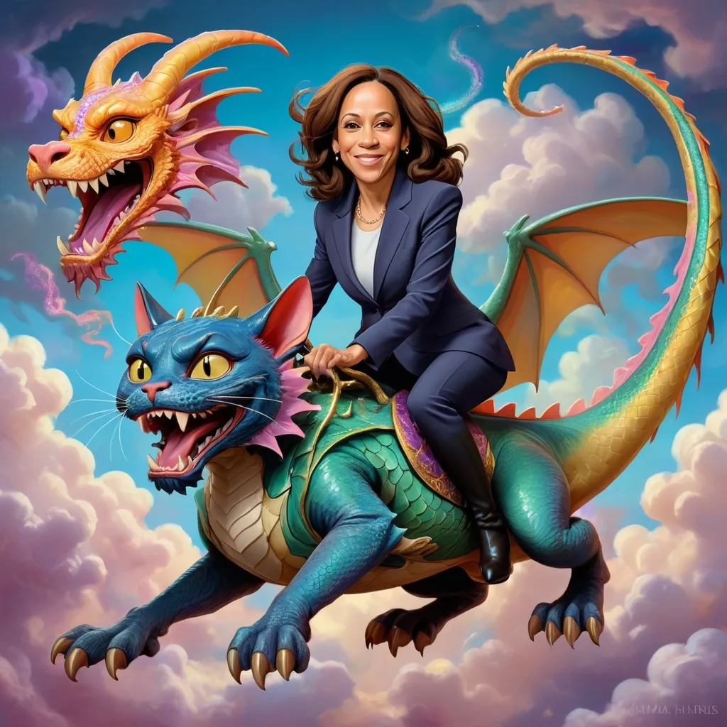 kamala harris riding a cat head dragon