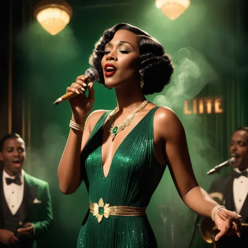 A soulful black jazz singer, dressed in a luxurious...