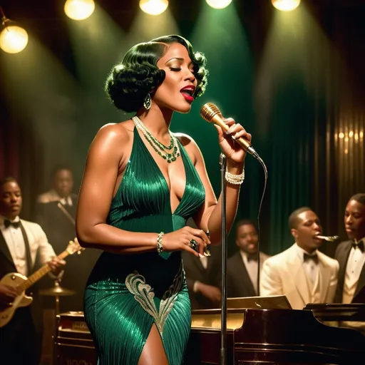 A soulful black jazz singer, dressed in a luxurious...