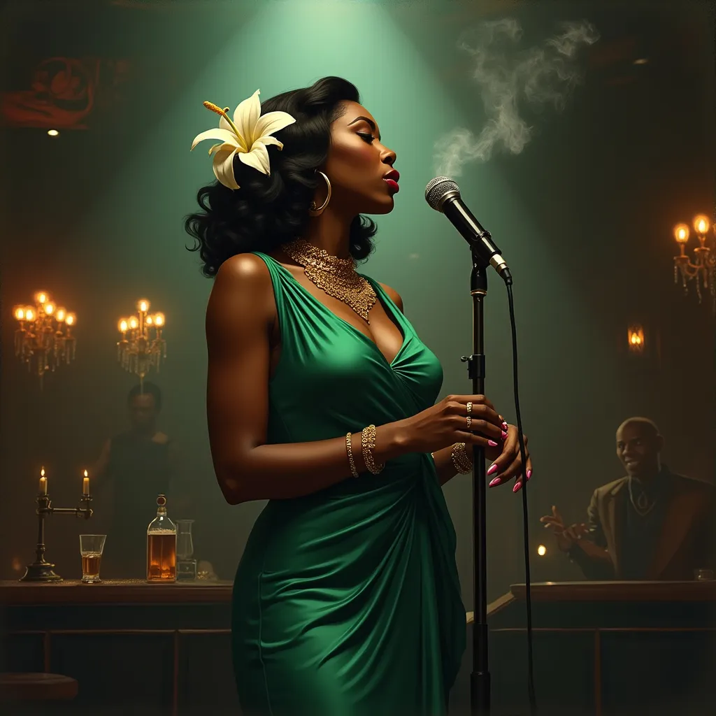 A soulful black jazz singer, dressed in a luxurious...