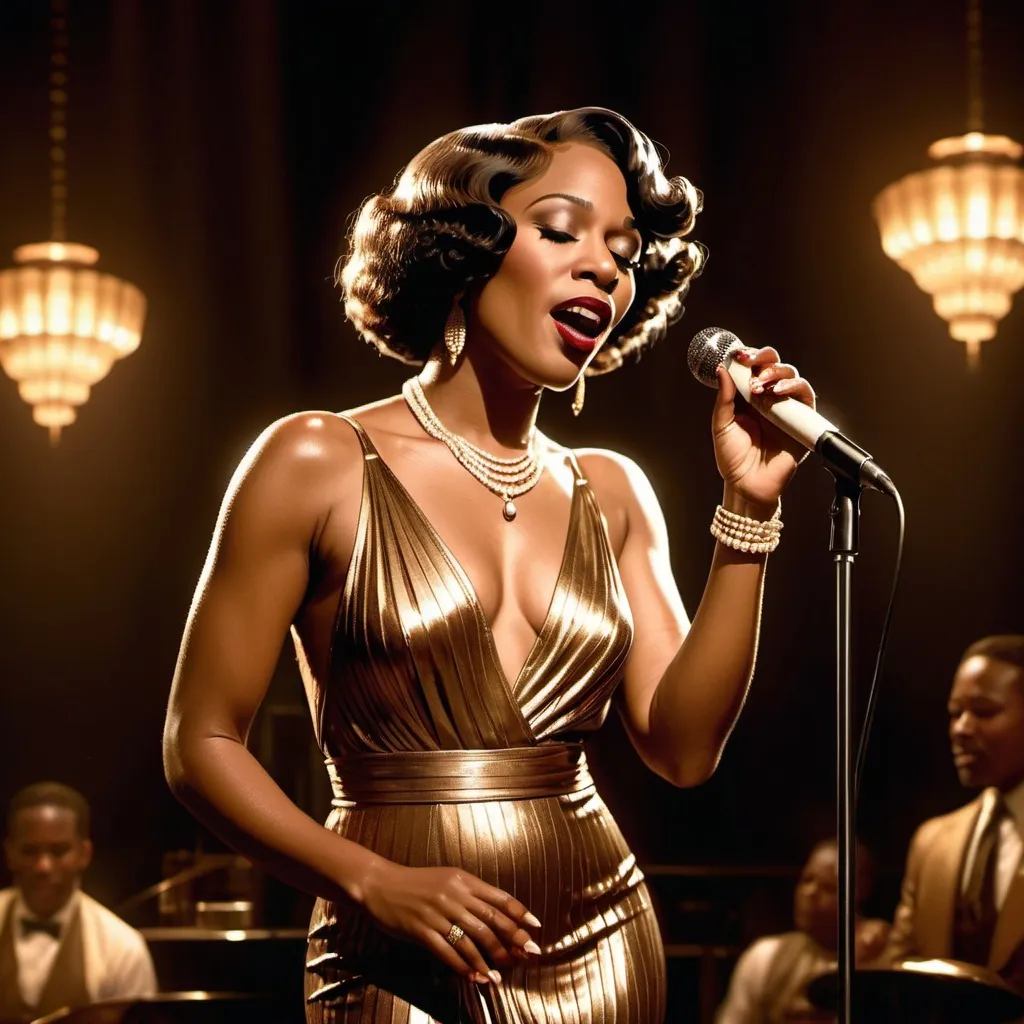 A soulful black jazz singer, dressed in a luxurious...