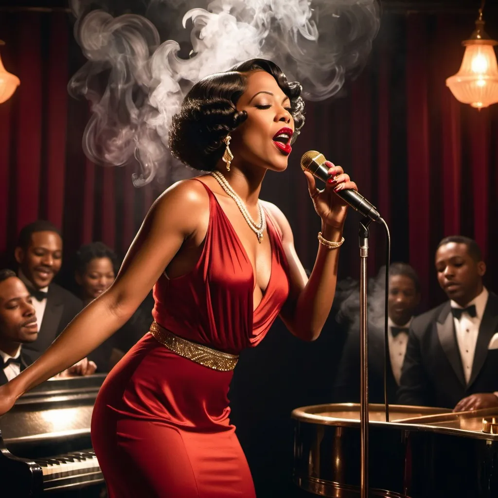 A soulful black jazz singer, dressed in a luxurious...