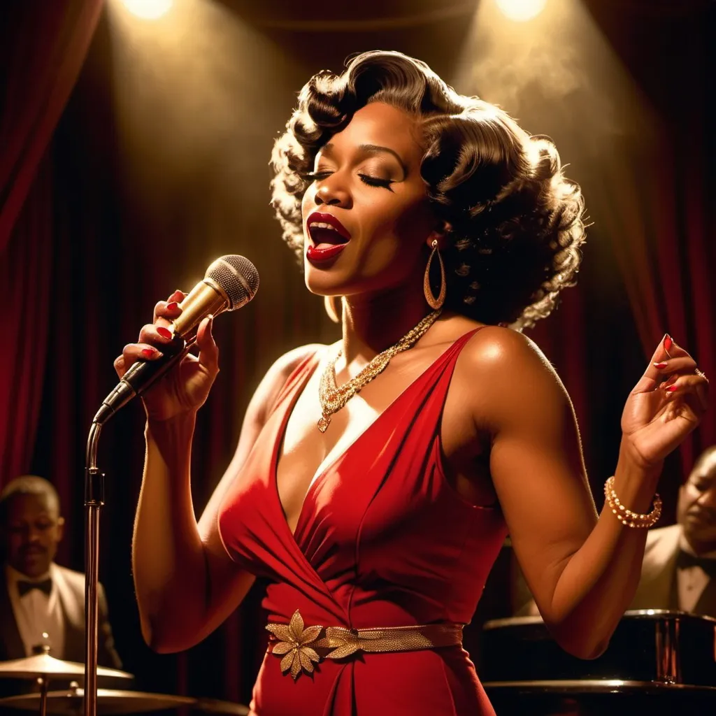 A soulful black jazz singer, dressed in a fitted, 30...