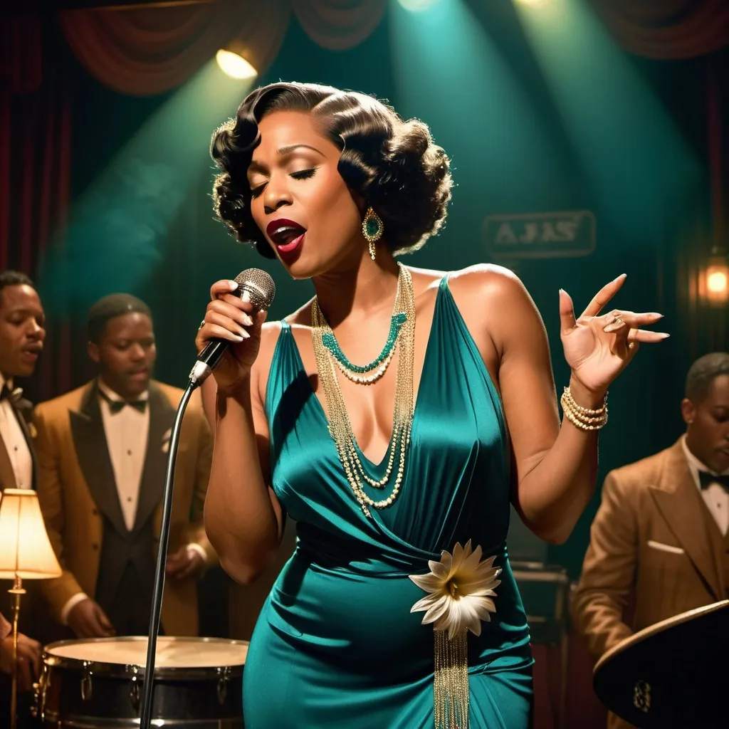 A soulful black jazz singer, dressed in a luxurious...