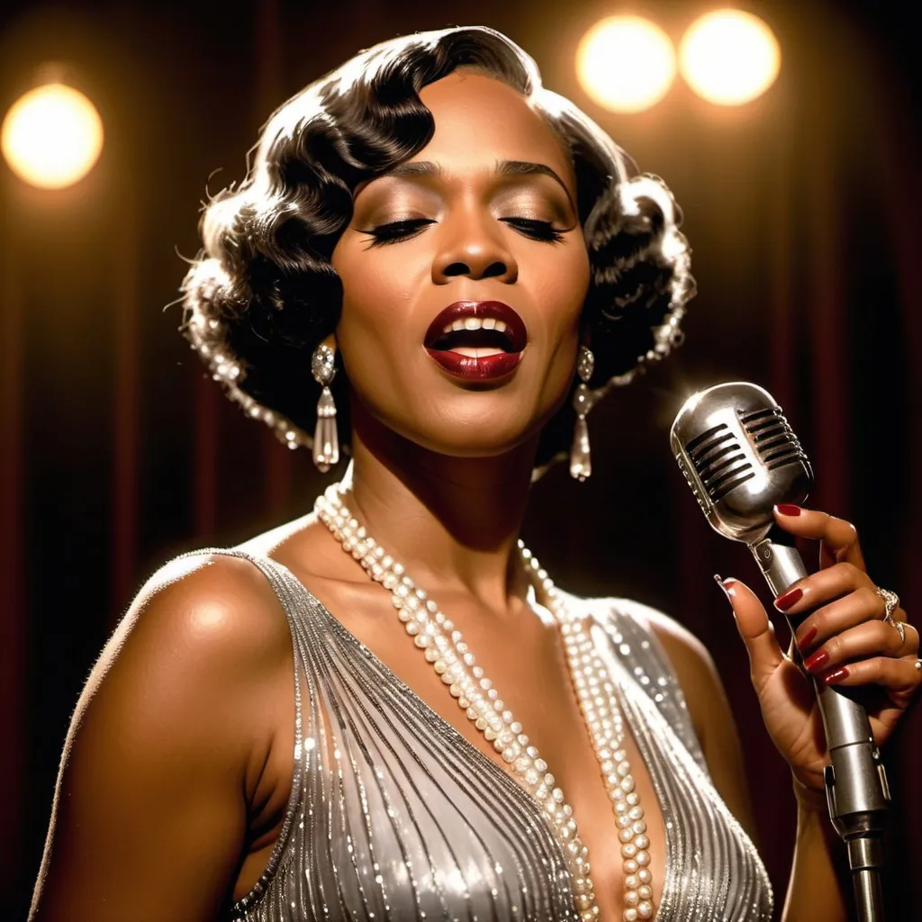A soulful black jazz singer, dressed in a luxurious...