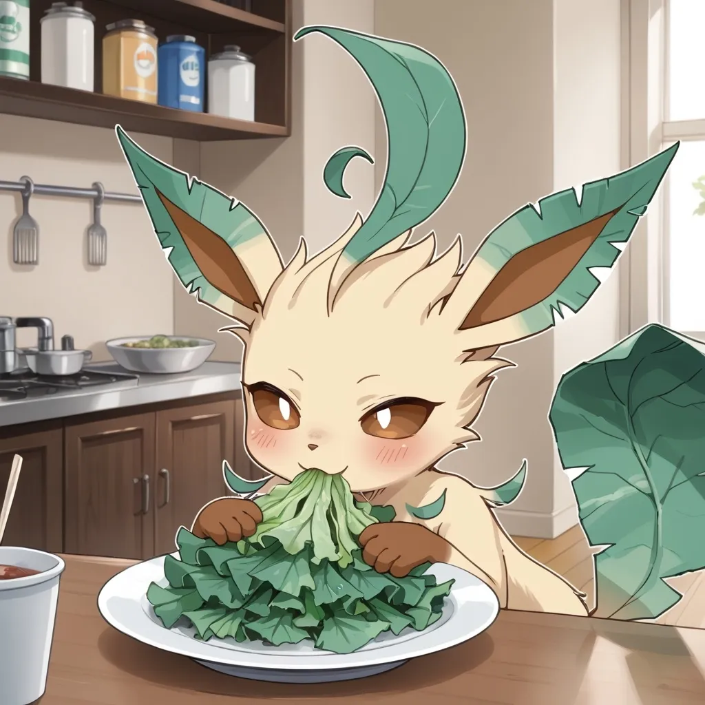 leafeon eating a head of lettuce