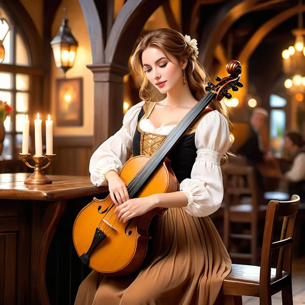 Gorgeous female bard, light brown hair cascading ele...