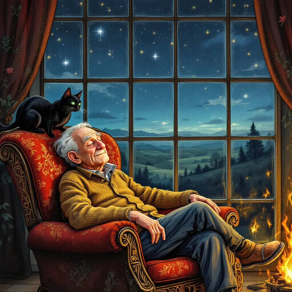 charming storybook illustration, an old man dozing p...