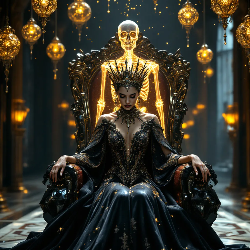 A majestic queen seated on a dark crystal throne, we...