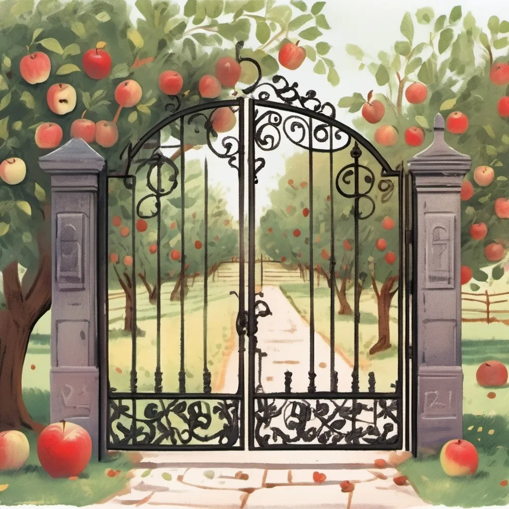 an ornate black wrought iron gate leads to an apple...