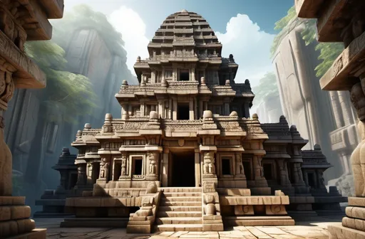 An ancient stone temple with intricate carvings, bui...