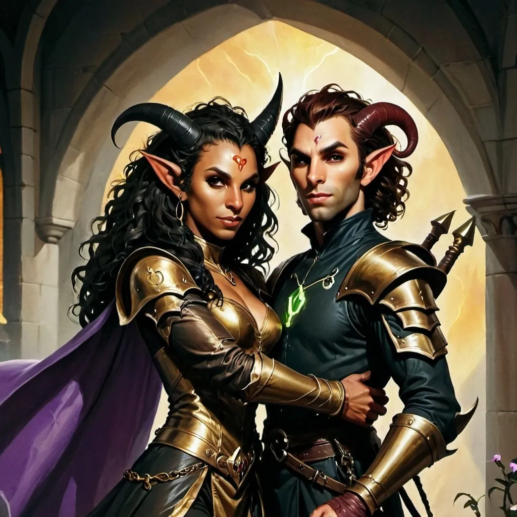 A Dark-Skinned Paladin Male Tiefling protecting a Fe...