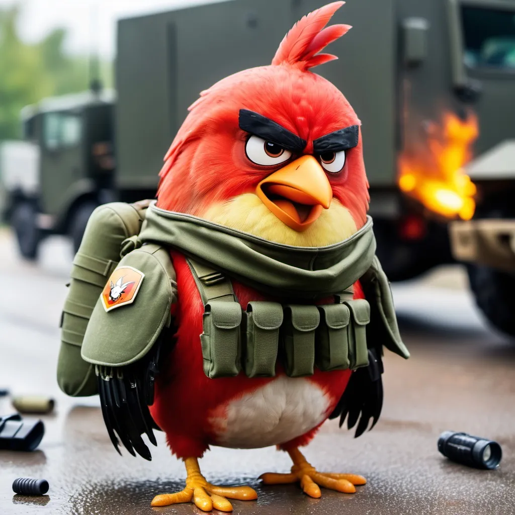 an angry bird with military gear
