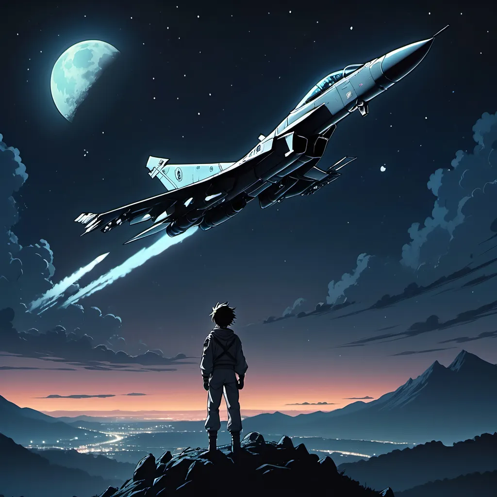 90s anime, A fighter jet in the far distance flying...