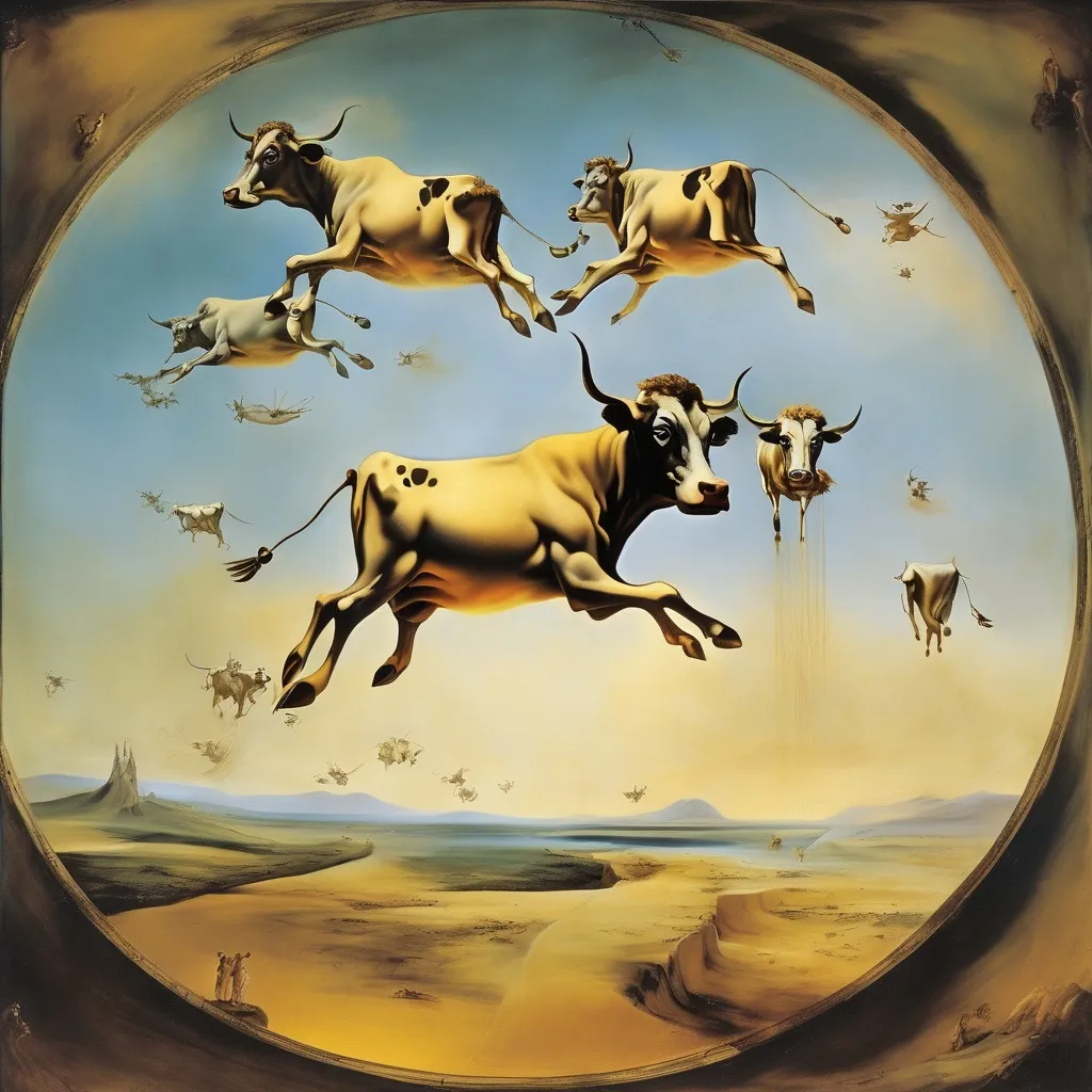 Flying cows arriving to earth, salvador dali vision,...