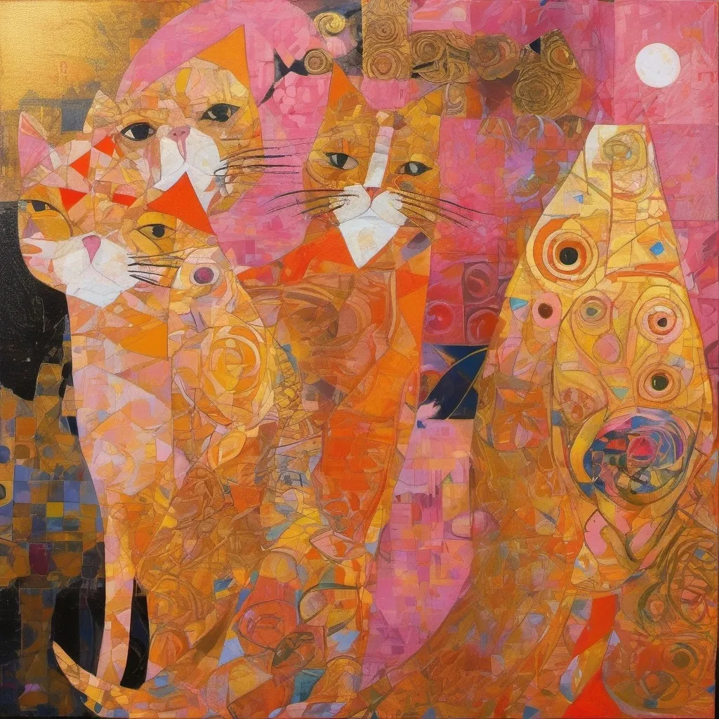 Gustav klimt, cats with geometric patterns, glowing,...