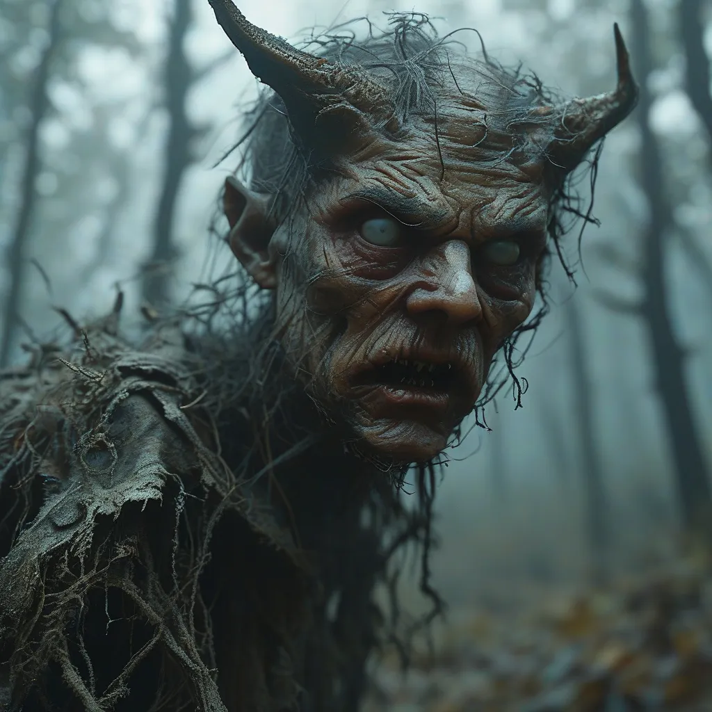 "A terrifyingly distorted figure with hollow eyes an...