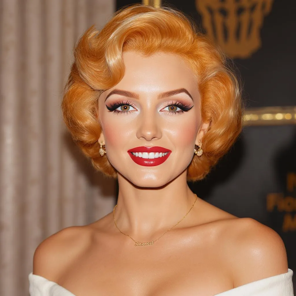 A woman with a defined, bone-structured face. A sma...