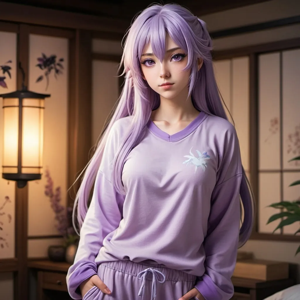 Purple long haired and purple eyes anime young woman...