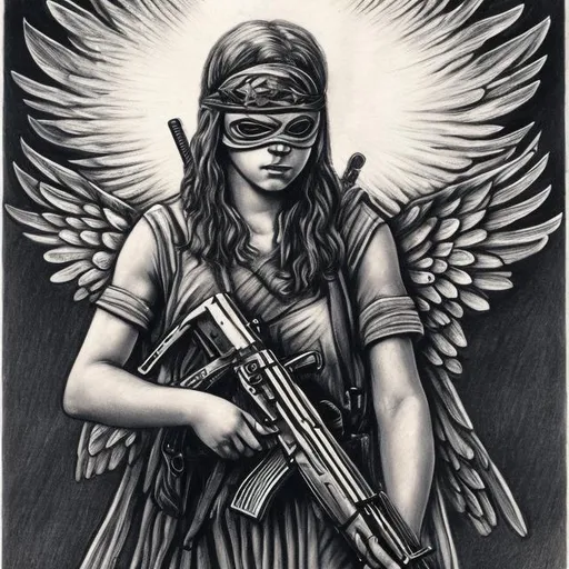 drawing of a crying angel with a realistic rifle in