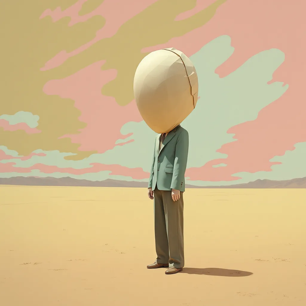 A lone figure with a faceless, oversized paper mache...