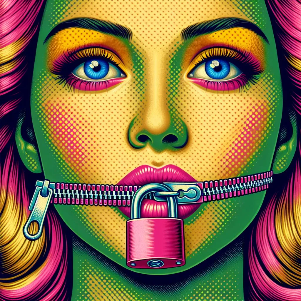 a woman with a zipper on her mouth and a lock on her...