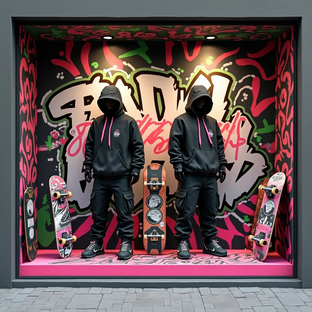 "A 3D streetwear clothing club store window display,...