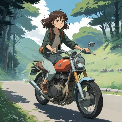 2d studio ghibli anime style, girl on motorcycle, an...
