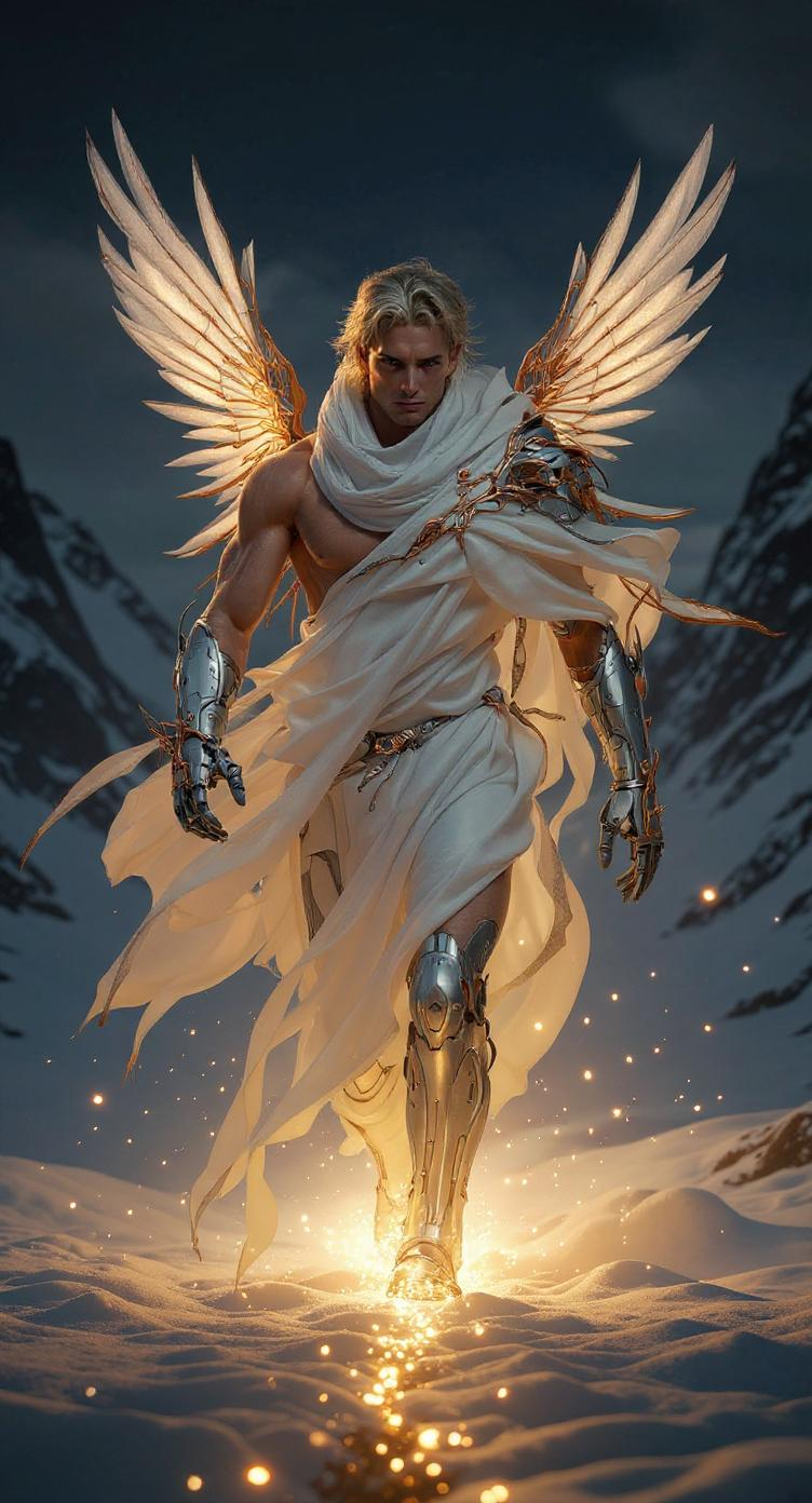 A powerful futuristic angel with glowing white wings...