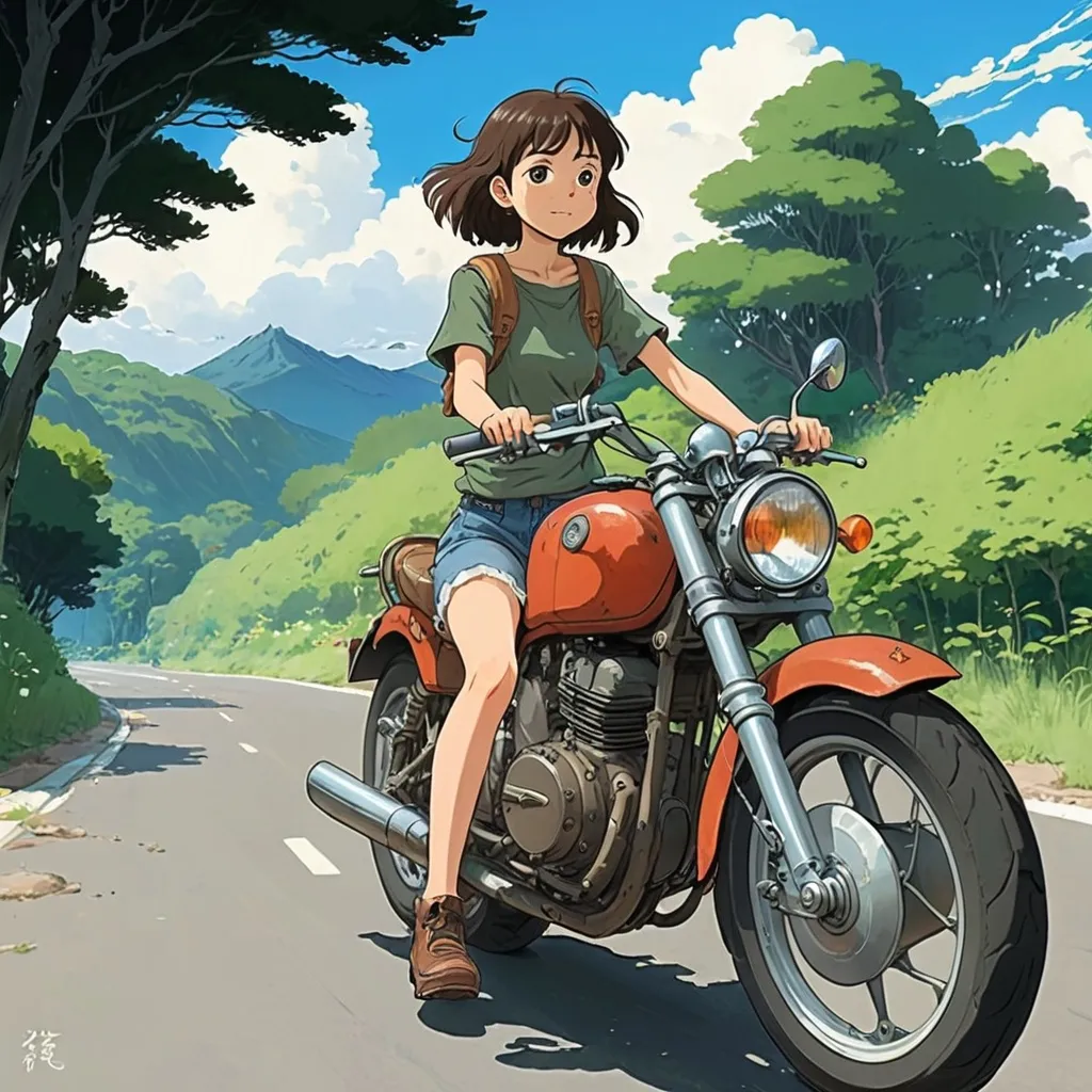 2d studio ghibli anime style, girl on motorcycle, an...